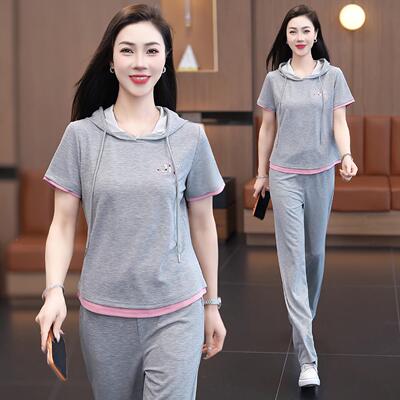 冰显瘦休闲运动套装女夏季171-6956新丝龄款时尚洋两气减连帽短袖