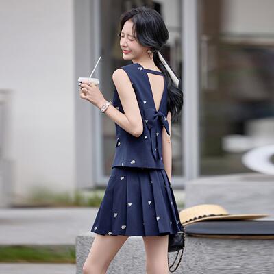 尚套装夏季时ZQ25110-新款无爱心背修身马甲心百褶袖裙两件套