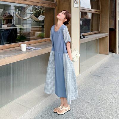 轻C270-295式款宽松显瘦格子拼法接慵懒风连衣裙女夏季新复古字长
