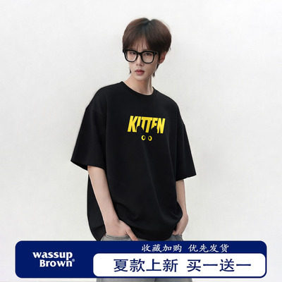 WASSUP BROWN美式萌宠短袖t恤男夏季纯棉男生宽松五分袖体恤潮