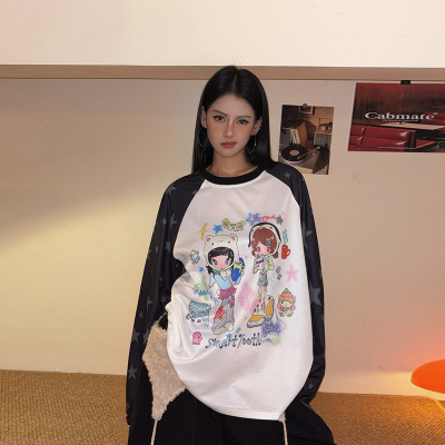 美式复古卡通印花星星插肩袖T恤