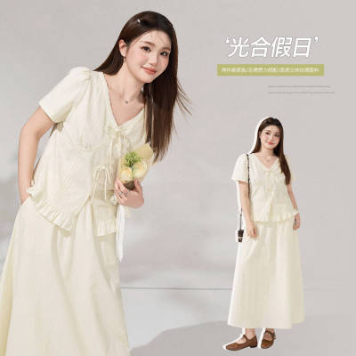 韩系绑带遮肚肌理小衫半身裙夏胖mm大码女装遮肉显瘦两件套66186