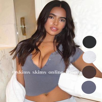 现｜skim卡戴珊同款纯棉打底亨利领纽扣v领短袖T恤上衣