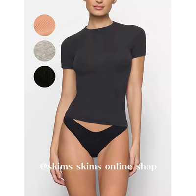 现｜skims卡戴珊Kylie修身弹力螺纹纯色T恤圆领打底内搭塑身短袖