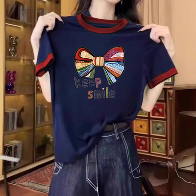 超好看蝴蝶结印花撞色短袖t恤女