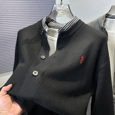 拼接假两件保罗开衫男毛衣外套