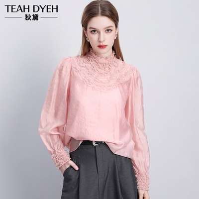 狠狠期待住春天！重工荷叶边蕾丝刺绣粉色灯笼袖立领衬衫上衣女