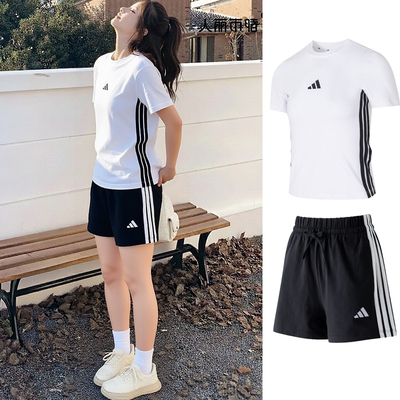 阿迪达斯运动套装女装2026夏季新款透气短袖T恤短裤休闲裤两件套