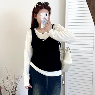大码女装撞色假两件上衣2025秋款胖mm休闲宽松圆领针织衫女23211