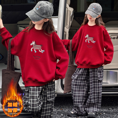 女童红色加绒加厚保暖卫衣本命年