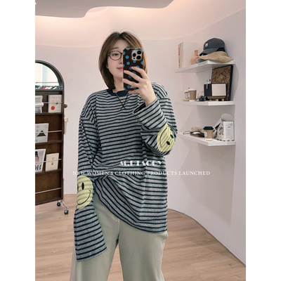 海魂风笑脸条纹长袖t恤女