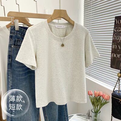 2026春秋新款燕麦色纯色短袖女正肩韩版宽松遮肉显瘦体恤圆领上衣