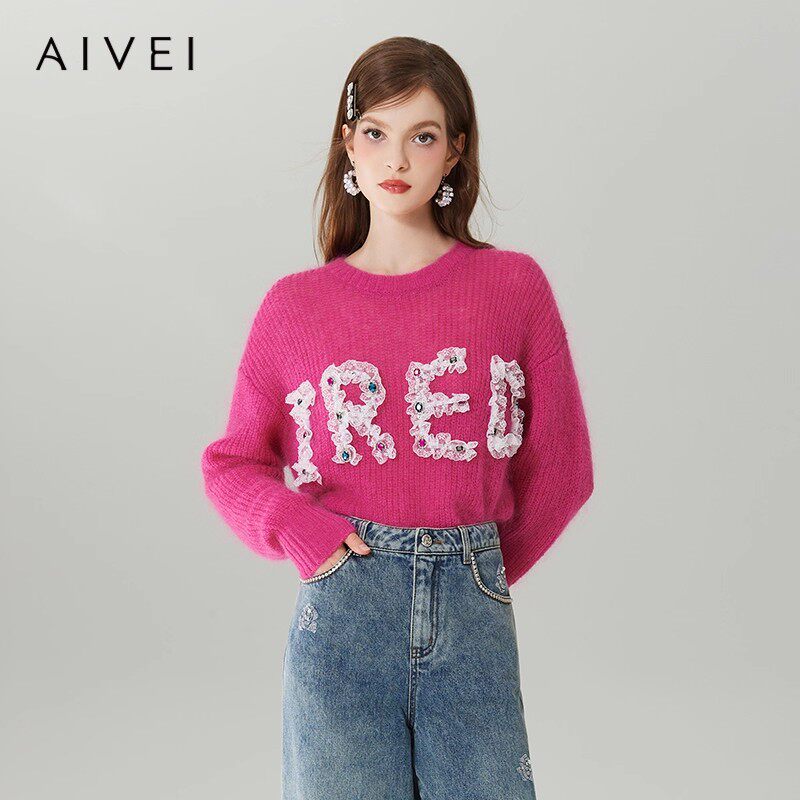 AIVEI欣贺艾薇 秋季新品软糯多巴胺粉色毛衣针织衫Q0560160