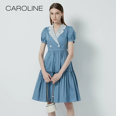 CAROLINE卡洛琳泡泡袖收腰连衣裙2022夏季专柜正品O621901D-3280