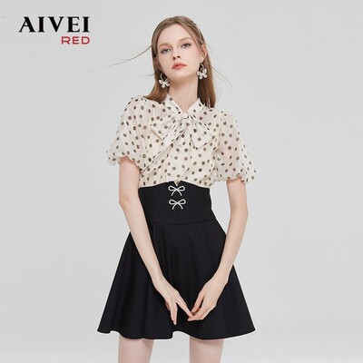AIVEI/艾薇2023春季蝴蝶结短袖连衣裙专柜正品Q0160032-1780
