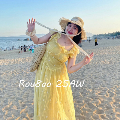 法式气质收腰绝美黄色连衣裙