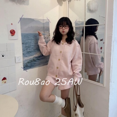 Rou8ao微胖大码女装韩系甜美翻领针织开衫短裤两件套宽松慵懒套装