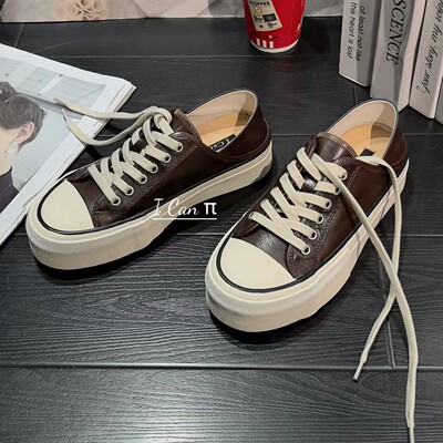 ICAN欧货女鞋2026年早春新款牛皮拼色圆头系带厚底可踩脚休闲鞋