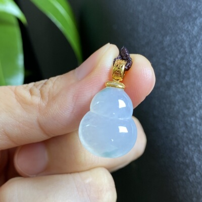 掌中翠缅甸天然翡翠冰种飘花葫芦吊坠挂件18k金镶嵌 0230