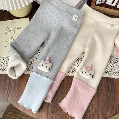 2025秋冬女宝撞色拼接kt一体绒打底裤女童加绒加厚裤子儿童幼儿园