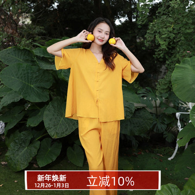 镂空新中式超薄纯棉短袖睡衣套装