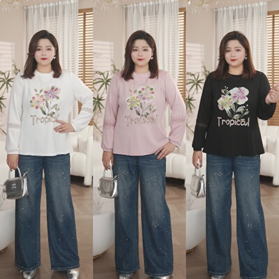 PWD33462【仅上衣】新款时尚立体花设计大码女装上衣【衣长68】