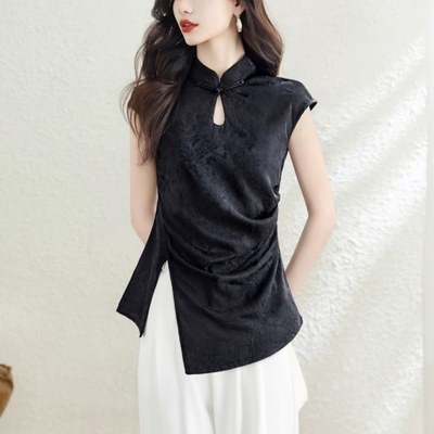 提花旗袍领黑无袖t恤上衣2042