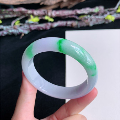 5月新品 鸿玉翡翠53圈口冰糯种紫罗兰飘阳绿正圈玉手镯女12R70521