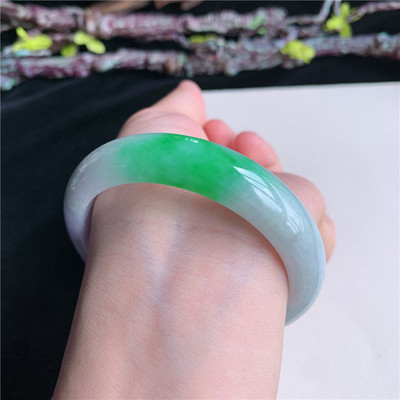 6月新品 鸿玉翡翠56圈口冰糯种紫罗兰飘阳绿正圈玉手镯女29G50604