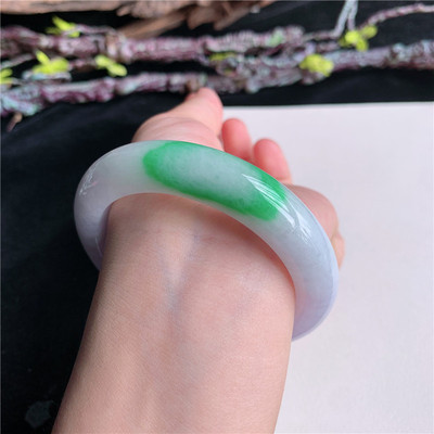 7月新品鸿玉翡翠55圈口冰糯种紫罗兰飘阳绿正圈玉手镯女款3S70630