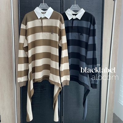 tina open yy 25秋冬新款百搭撞色条纹POLO领拼接休闲长袖T恤