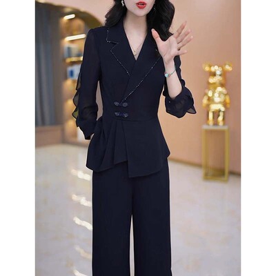 【两件套】长袖西装领两件套女2026春秋新款国风直筒裤套装JT0049