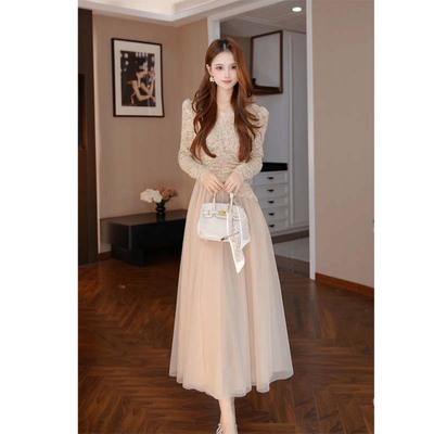 【有里布】2025秋冬新款法式拼接蕾丝优雅千金风V领连衣裙JT0321