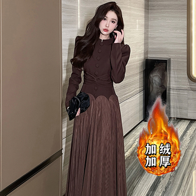 加绒加厚气质时尚法式复古连衣裙2026设计感名媛收腰网纱长裙2653