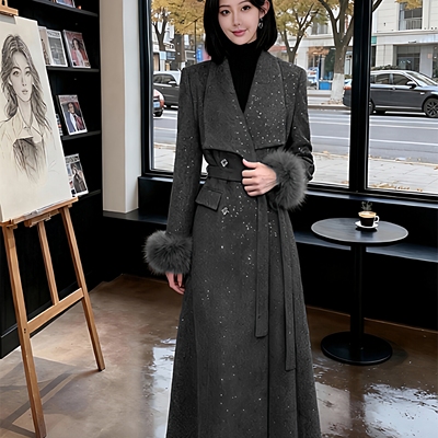 2025秋冬新款有里布送腰带毛呢大衣外套时尚亮闪轻奢风衣TX0190A