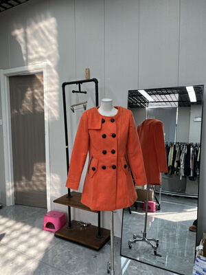 高品质复古双排扣橙色呢料外套女秋季新款韩版