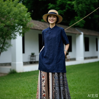 素雅高知风夏装纯亚麻高开衩衬衫