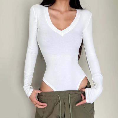 经典款大V领弹力修身连裆长袖T恤
