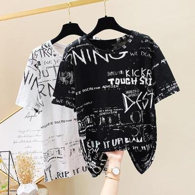 2025新款夏装网红ins圆领印花女上衣遮肚显瘦中长款短T恤校园简约