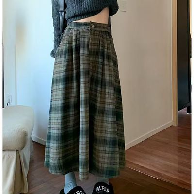 格子半身裙纯色加厚长裤