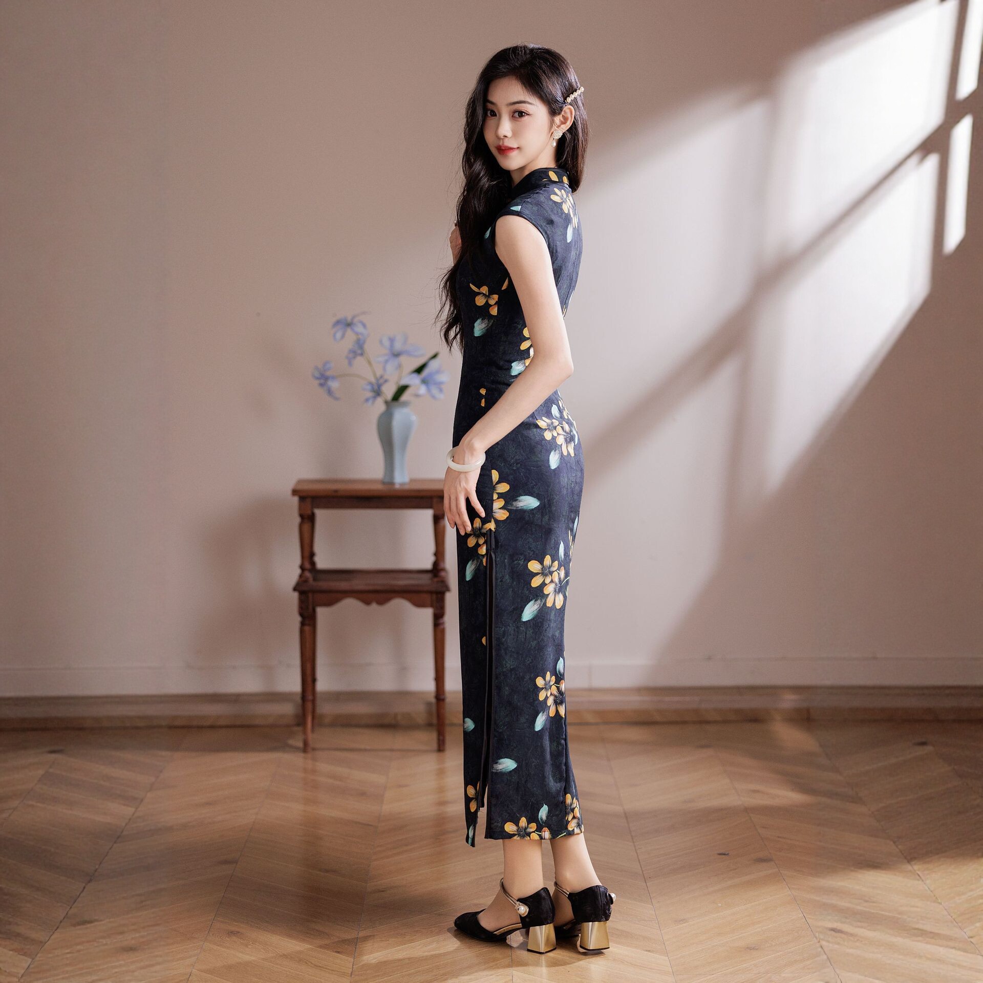 新中式改良无袖旗袍女长款修身显瘦印花连衣裙夏季复古国风旗袍裙