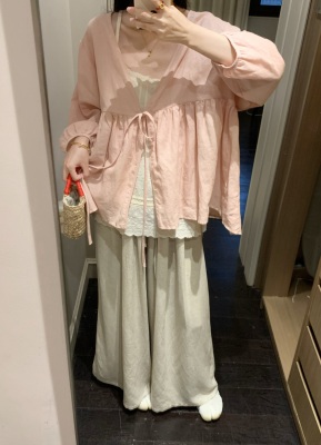 krismerryland粉色少女苎麻棉oversize防晒长袖衬衫
