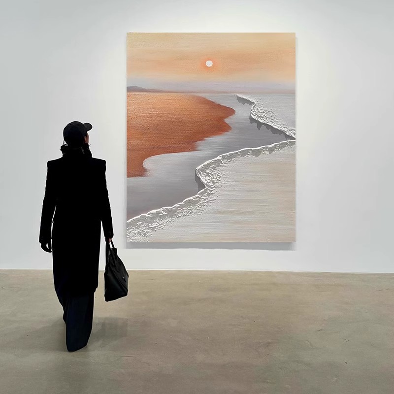 奶油风手绘肌理画侘寂风日照金滩玄关挂画客厅沙发背景墙装饰画