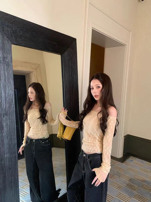 MH家 蕾丝一字肩修身显瘦上衣女2026春新款甜美气质长袖蕾丝衫