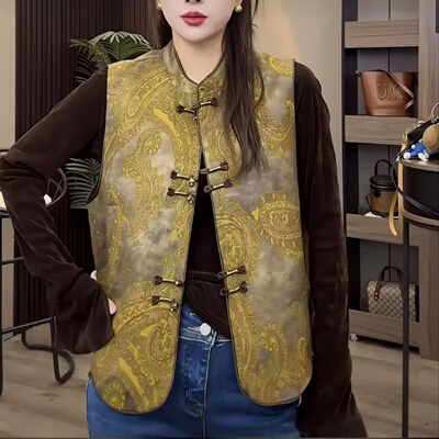 显瘦新中式盘扣腰果花国风马甲女