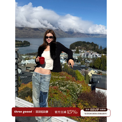 THREE GOOOD殷三吉 棉美式复古贴布印花长裤女休闲宽松显瘦牛仔裤