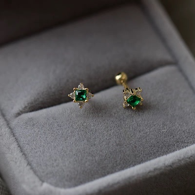 s925纯银绿色方形锆石耳骨钉女