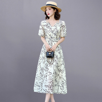 Sera轻奢印花连衣裙女夏季2025新款时尚优雅气质法式泡泡袖漂亮