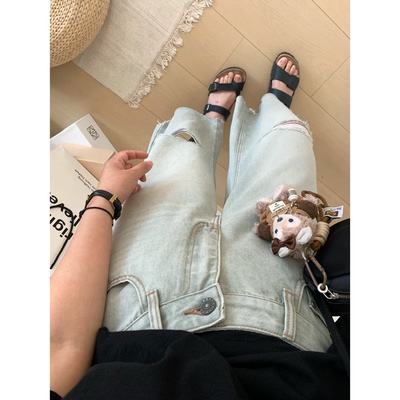 豆绿破洞做旧直筒九分牛仔裤