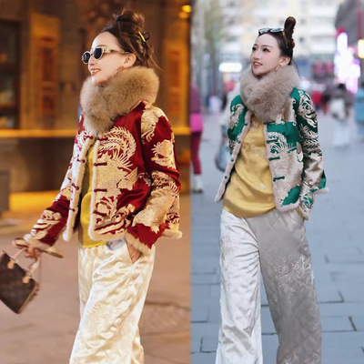 国风套装女刺绣外套+压格阔腿裤